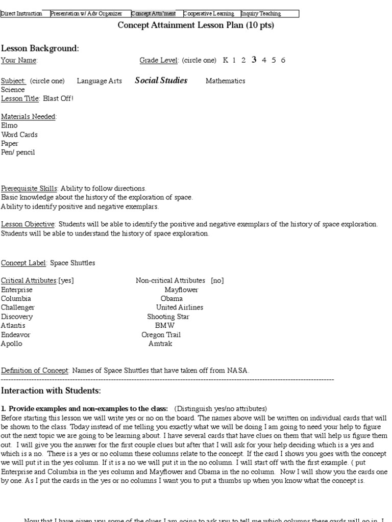 Concept Attainment Lesson Plan | PDF | Space Shuttle | Educational ...