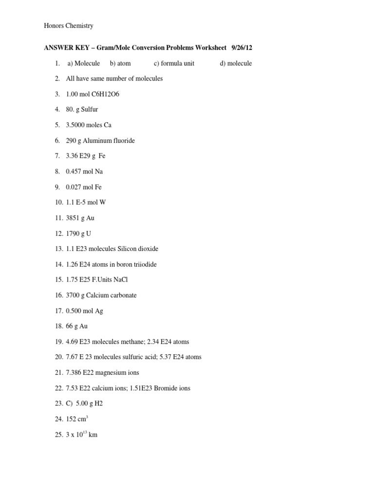 Mole Conversion Problems Answer Key | PDF | Mole (Unit) | Molecules