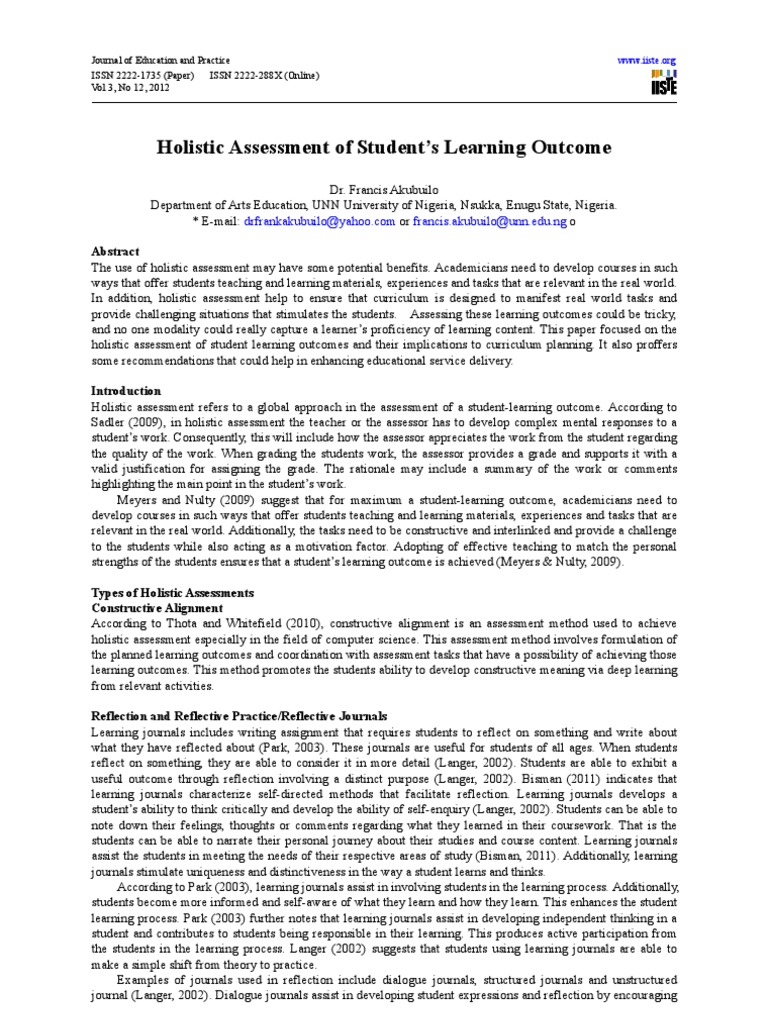 Holistic Assessment of Student’s Learning Outcome | Educational ...