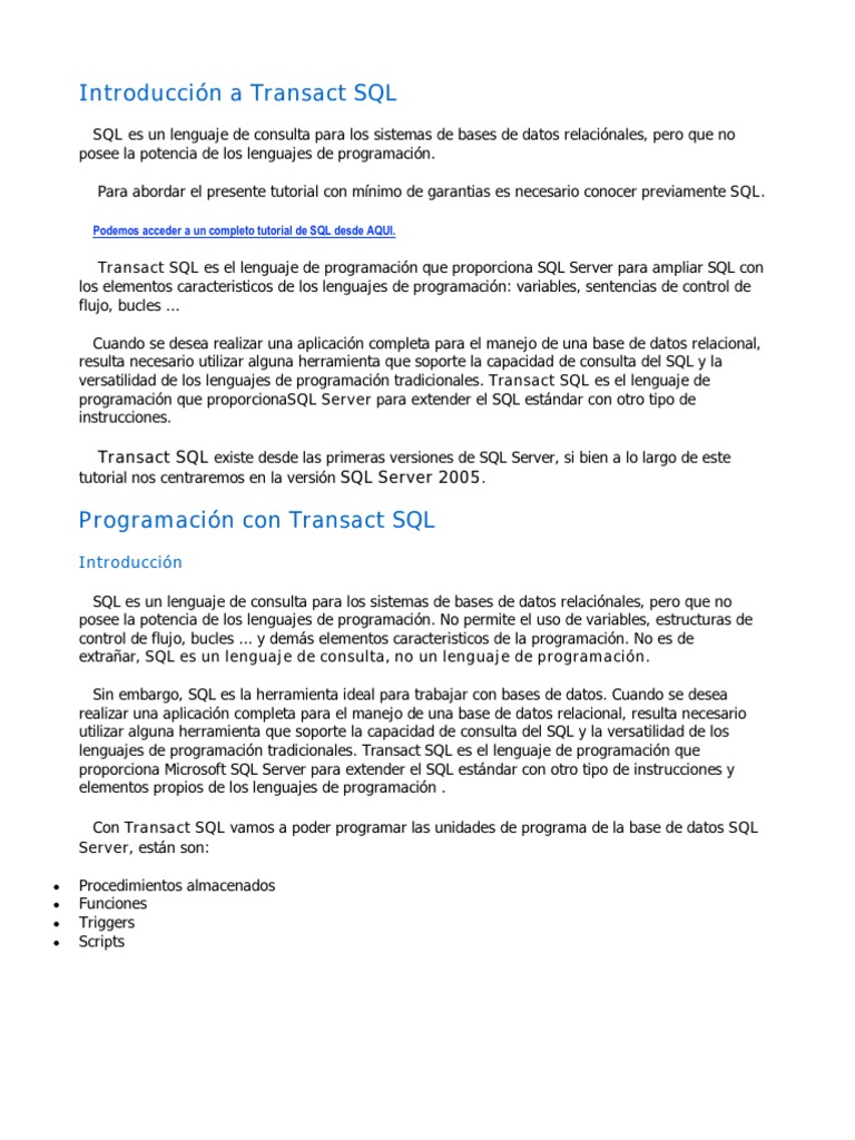 Tutorial Transact SQL | PDF | SQL | Servidor SQL de Microsoft