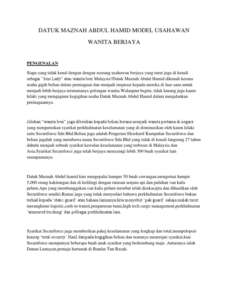 Datuk Maznah Abdul Hamid Model Usahawan | PDF