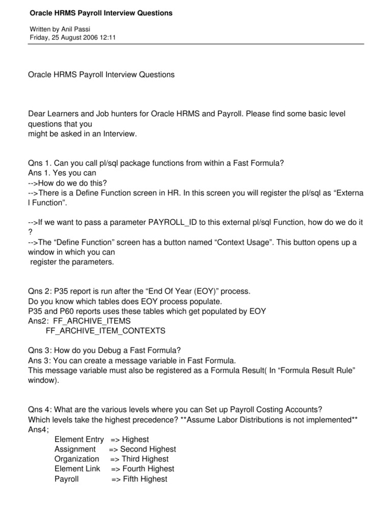Oracle HRMS Payroll Interview Prep | PDF | Oracle Database | Pl/Sql