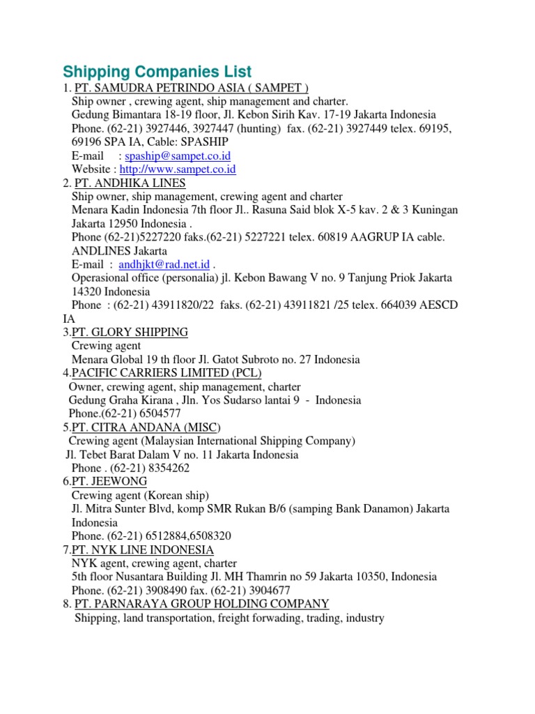 Shipping Companies List