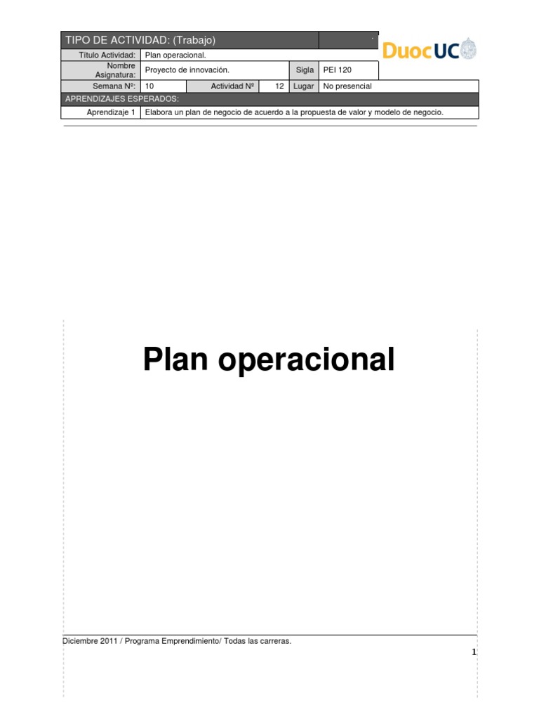 Plan Operacional | PDF | Plan de negocios | Modelo de negocio
