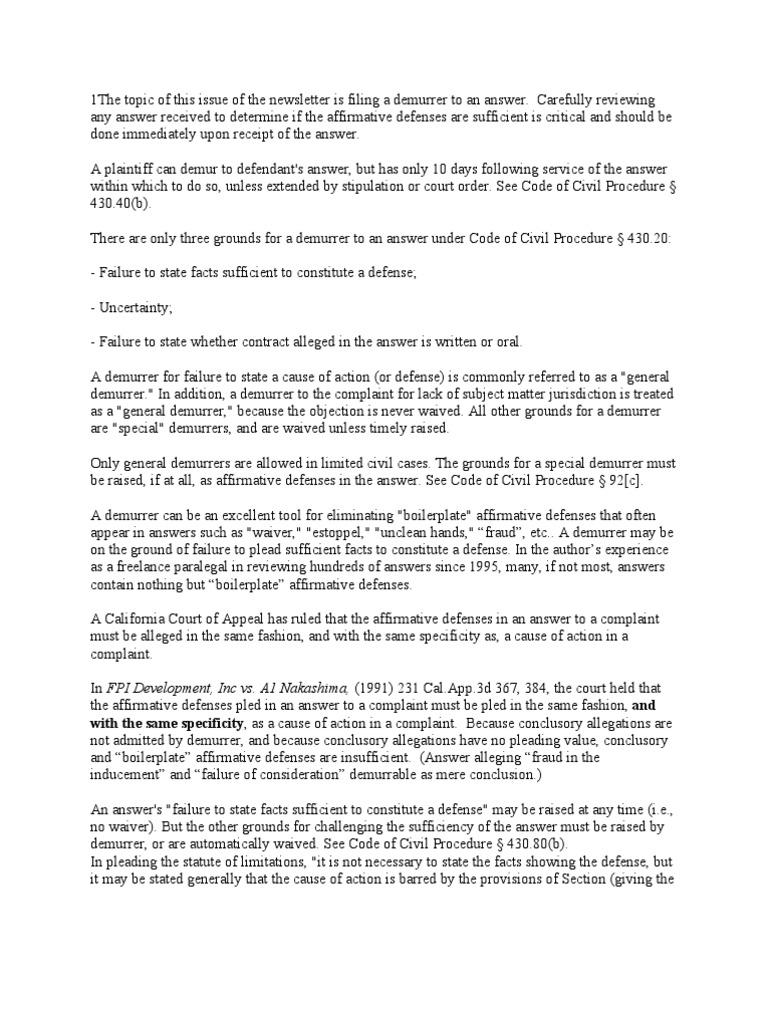 Demurrer to Answer in California | Demurrer | Pleading