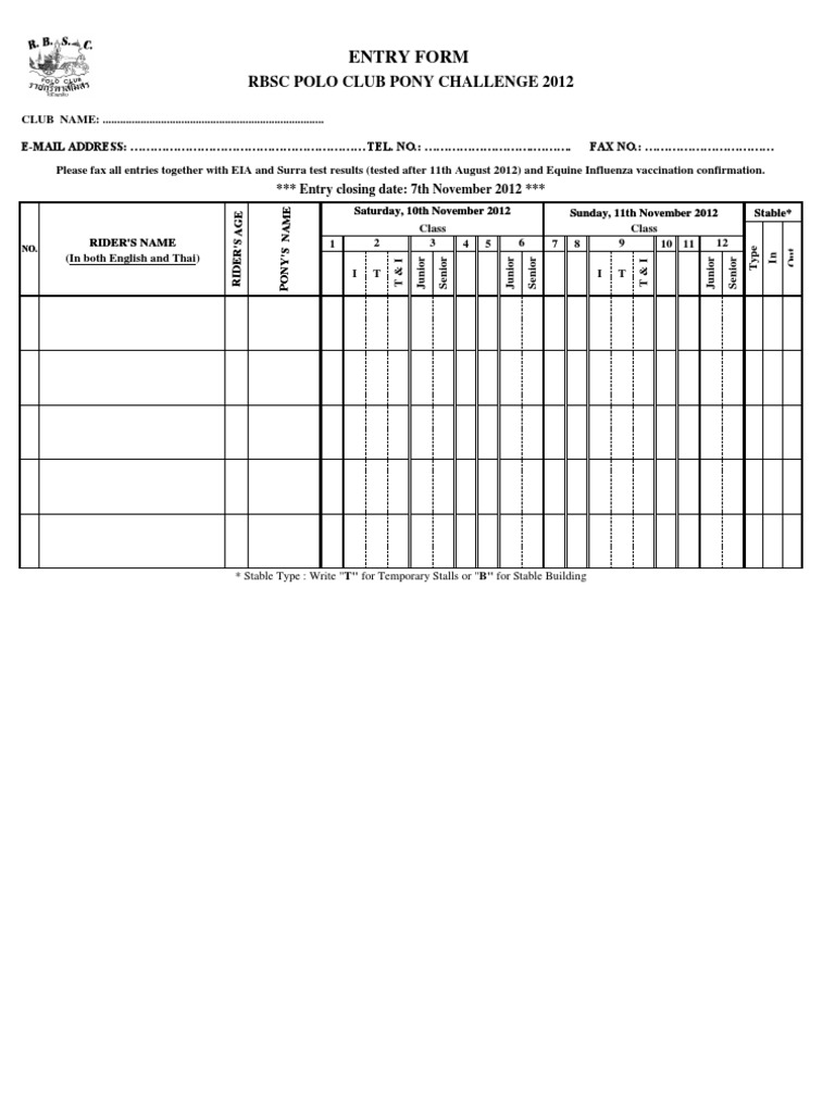 RBSC Pony Challenge 2012 - Entry Form | PDF