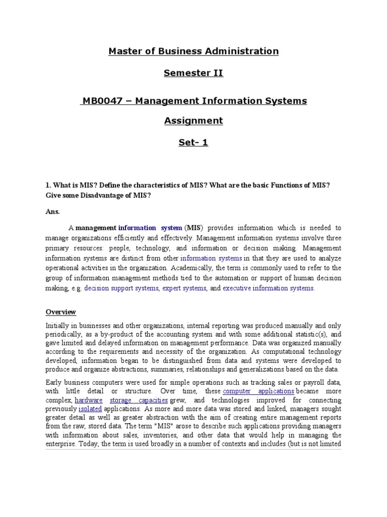 Master of Business Administration Semester II MB0047 - Management Information Systems Assignment ...