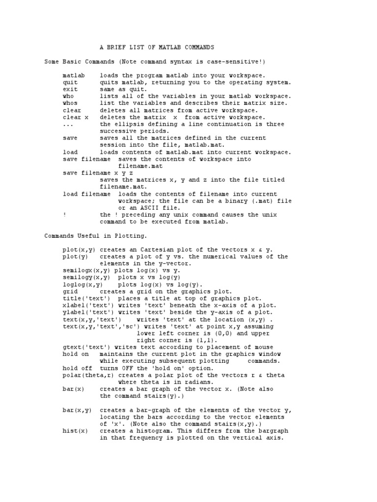A Brief List of Matlab Commands | PDF | Matrix (Mathematics) | Matlab