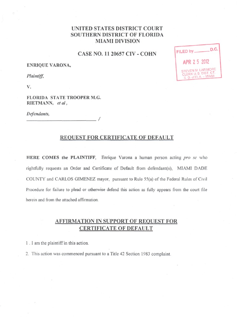 Enrique Varona vs. STATE OF FLORIDA (Plaintiff Motion of Default ...