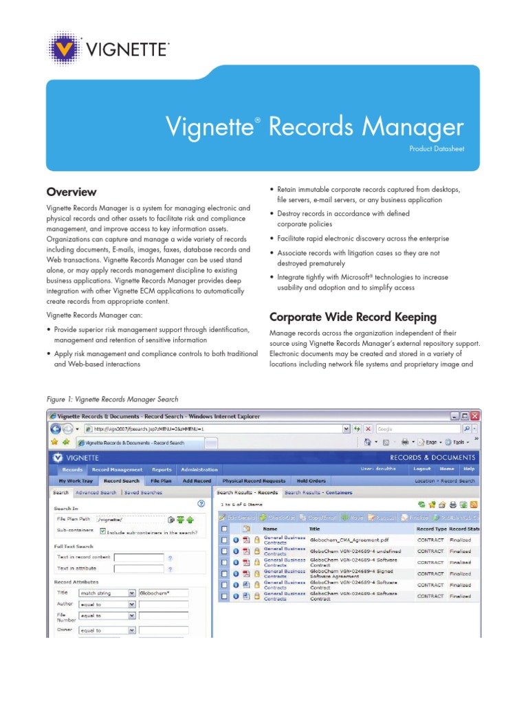 Vignette Records Manager Product Datasheet | PDF | Records Management ...