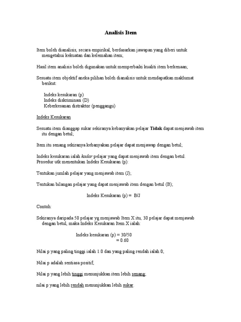 Analisis Item Indeks Kesukaran Dan Indeks Diskriminasi. | PDF