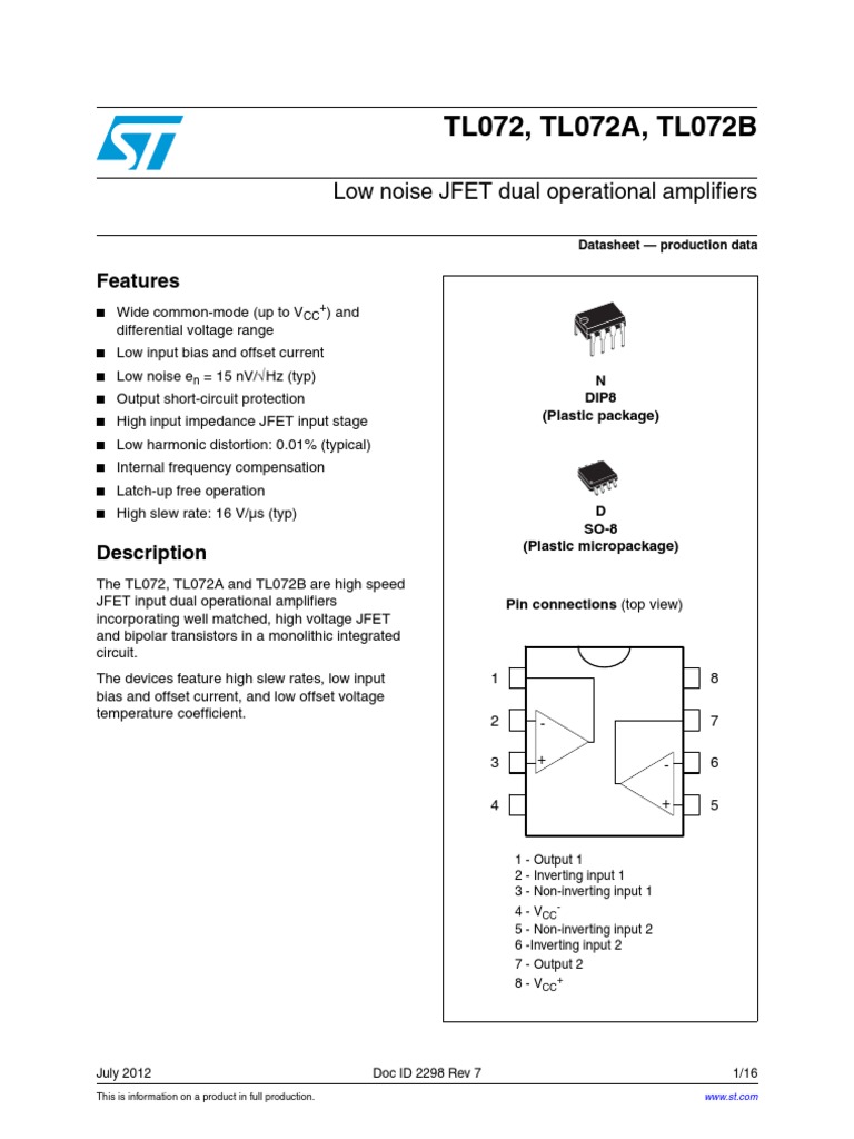 Circuito Integrado TL072 CN | PDF | Amplifier | Operational Amplifier