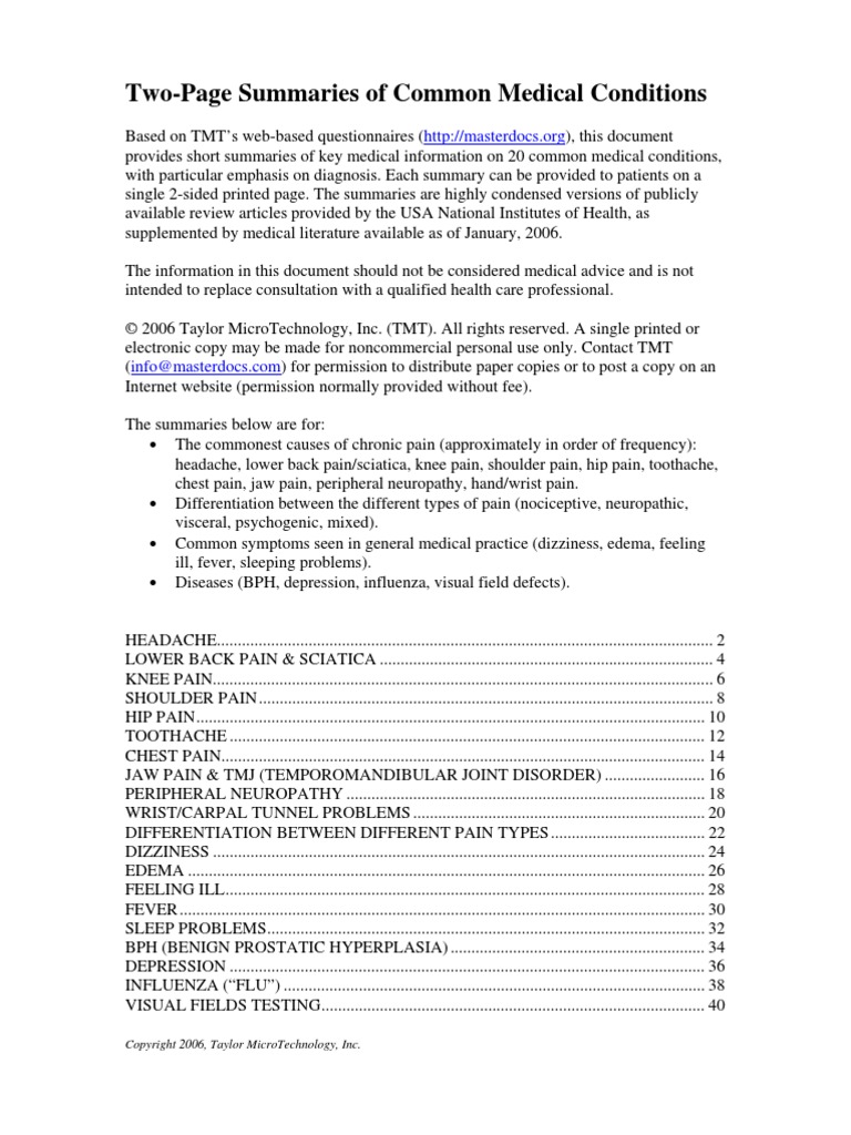 2-Page Medical Summaries For 20 Common Symptoms and Diseases | PDF
