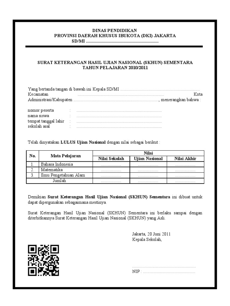 Contoh SKHUN Sementara SD 2011 | PDF