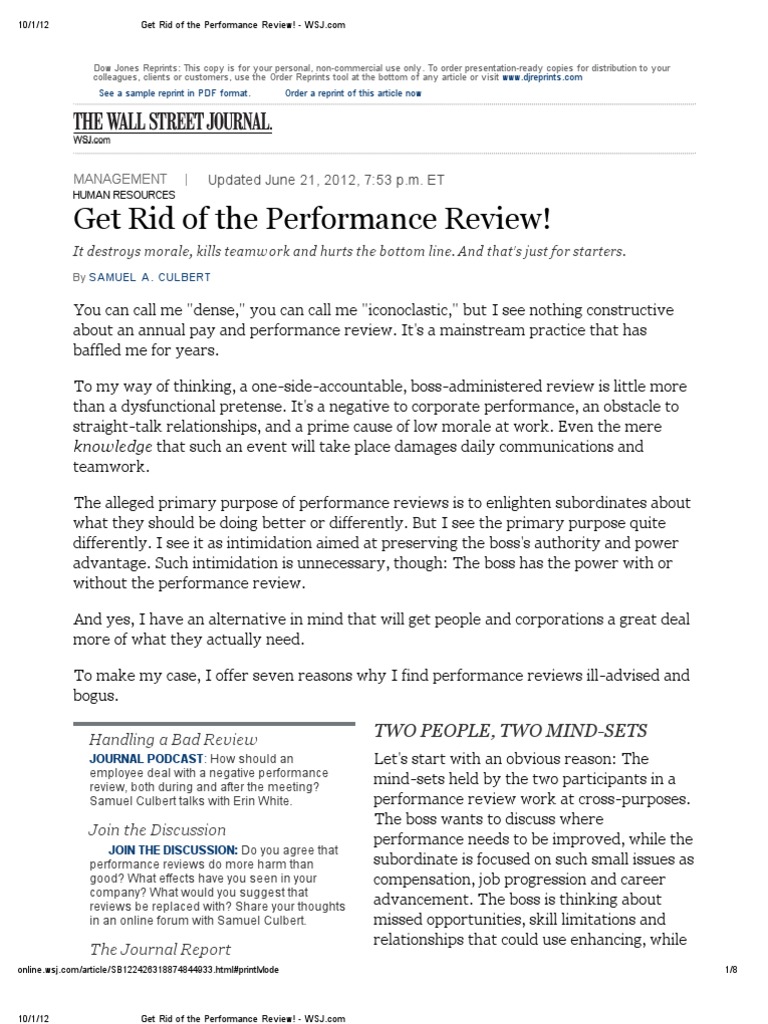 Get Rid of The Performance Review! - WSJ | PDF | Employment | Leadership