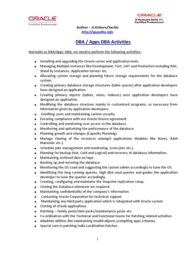 DBA AppsDBA Activities | PDF | Oracle Database | Databases