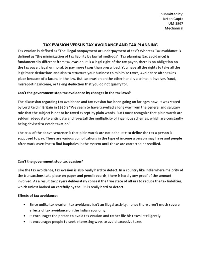 Tax Evasion Versus Tax Avoidance and Tax Planning | PDF | Tax Avoidance ...