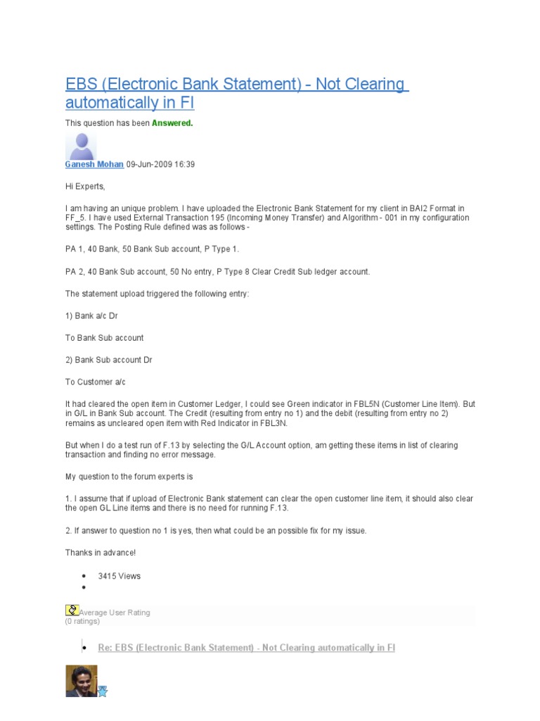 EBS (Electronic Bank Statement) - Not Clearing Automatically in FI | PDF | Debits And Credits ...