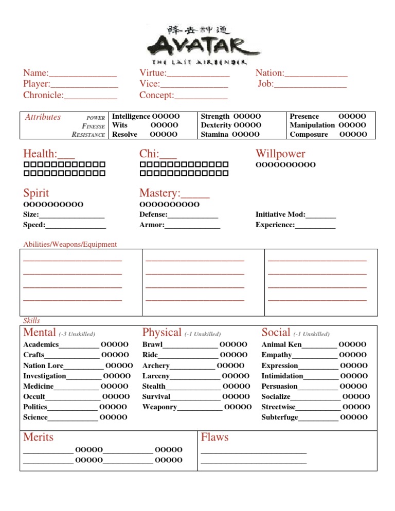 Avatar Char Sheet | PDF