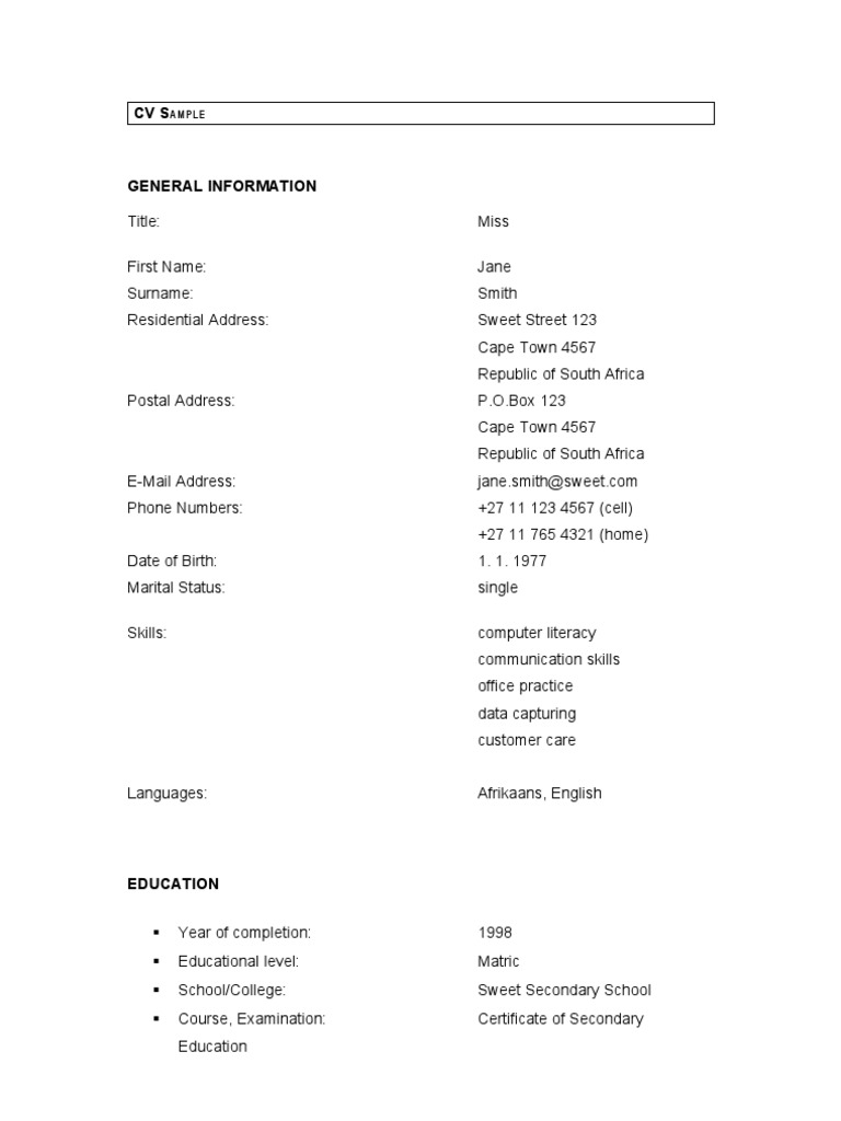 South African CV Sample for Job Seekers | PDF