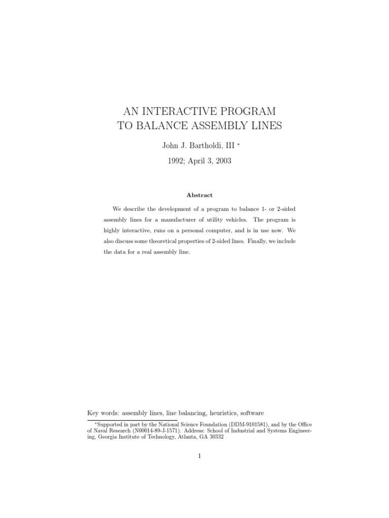 An Interactive Program To Balance Assembly Lines: John J. Bartholdi ...