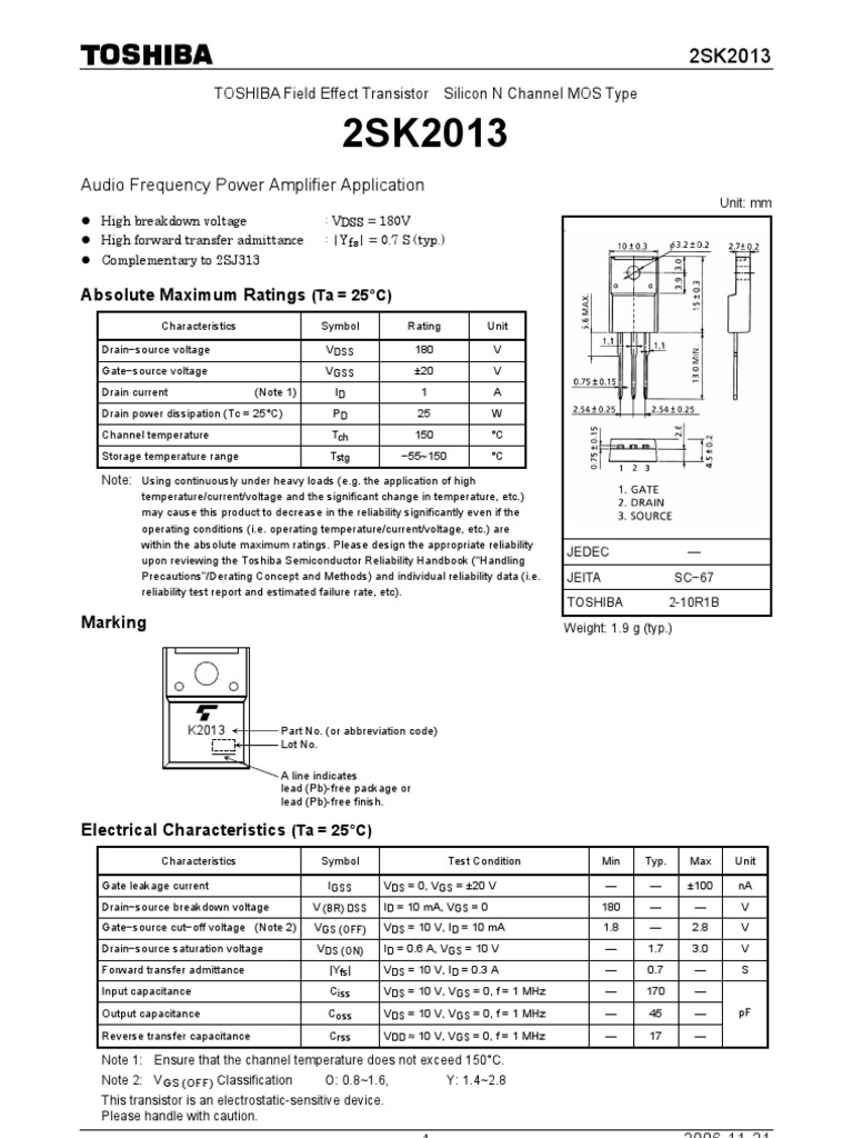 Audio Frequency Power Amplifier Application: Absolute Maximum Ratings | PDF | Field Effect ...