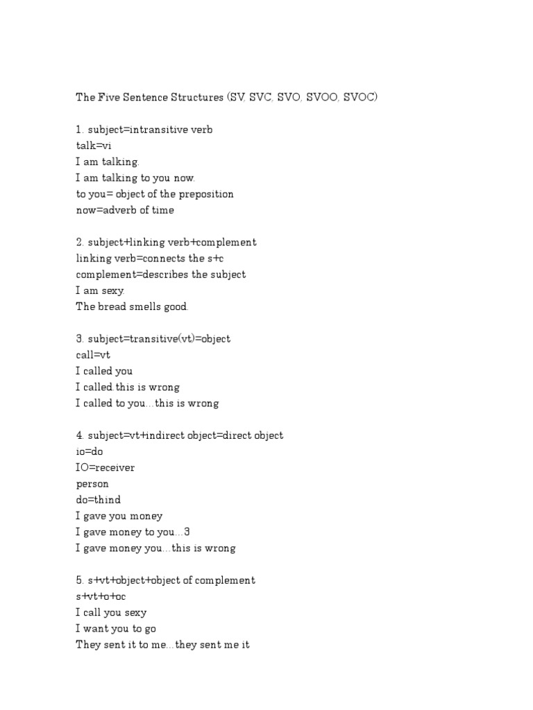 The Five Sentence Structures (SV, SVC, SVO, SVOO, SVOC) | PDF | English Grammar | Object (Grammar)
