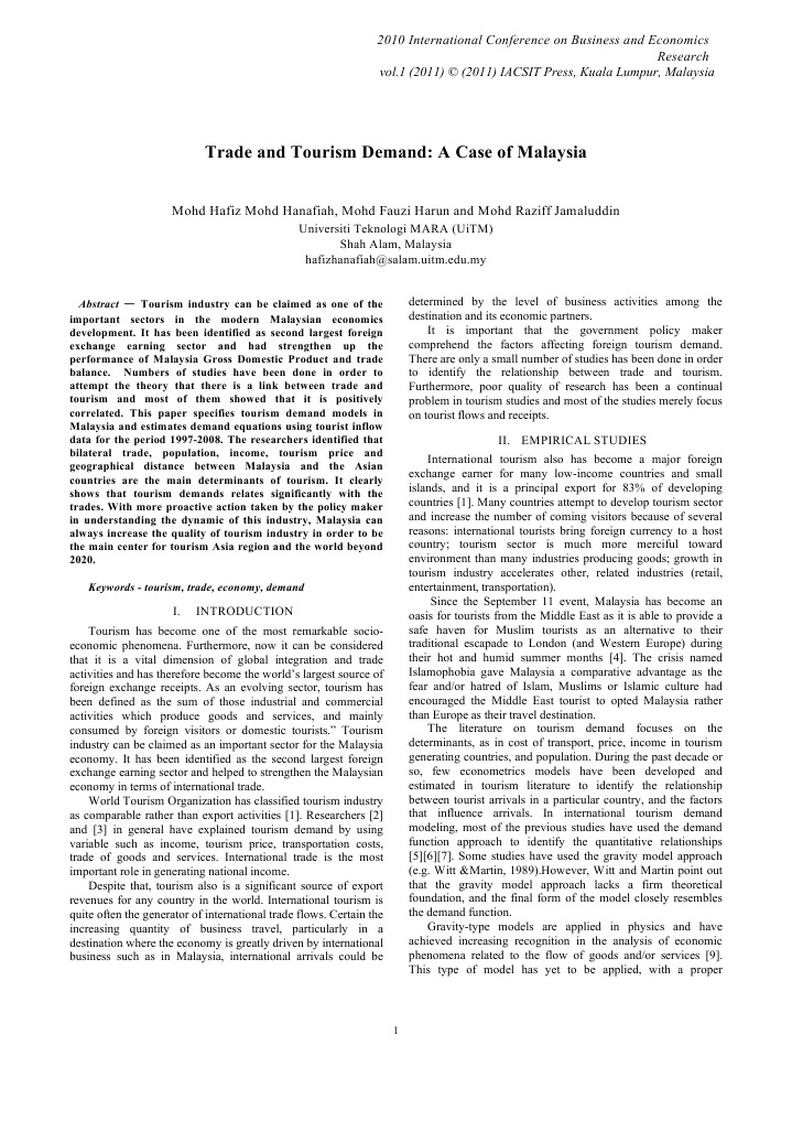 Trade and Tourism Demand: A Case of Malaysia: Mohd Hafiz Mohd Hanafiah ...