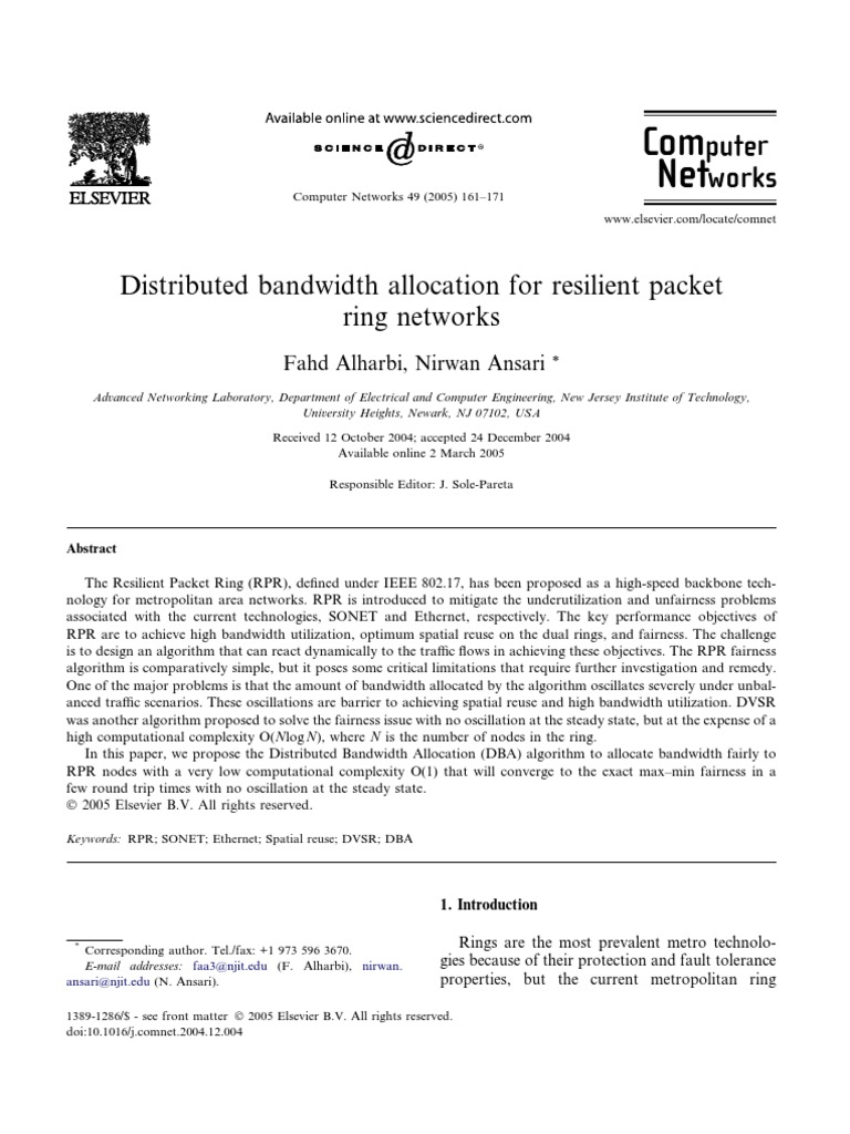 Distributed Bandwidth Allocation Algorithm for Resilient Packet Ring Networks | PDF | Network ...