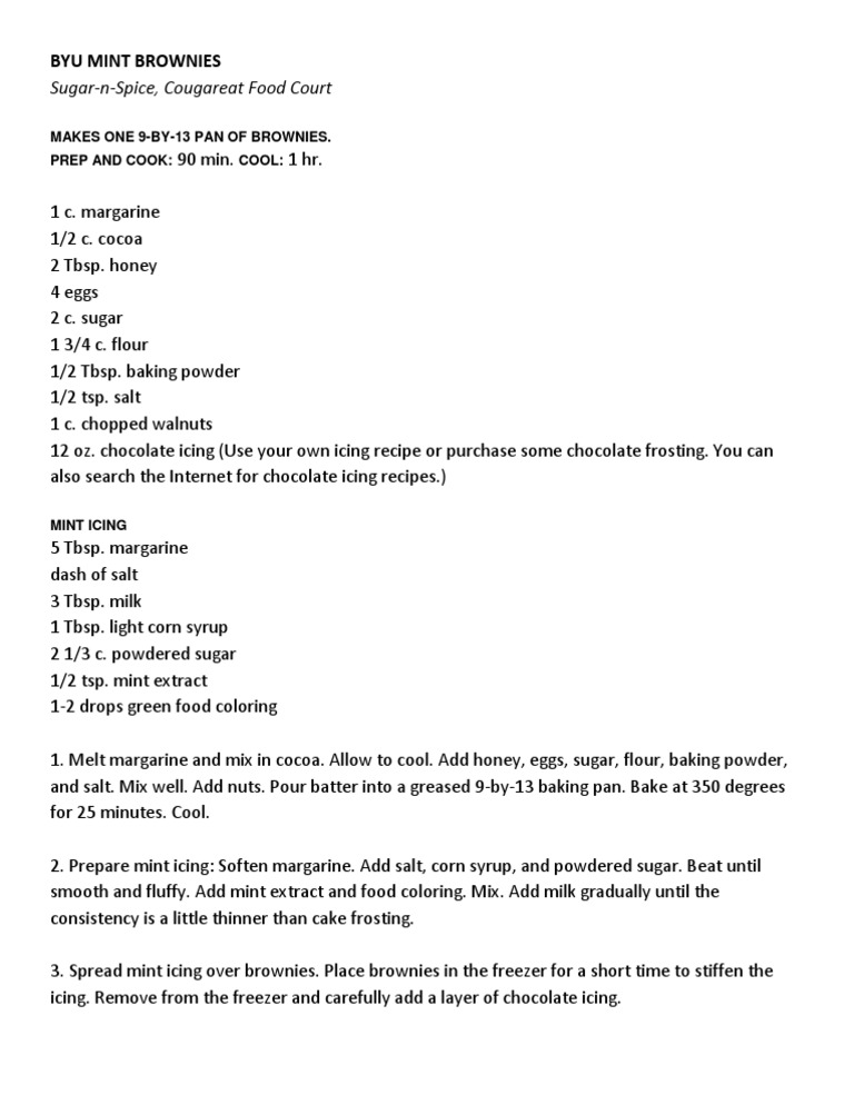 BYU Mint Brownies Recipe Guide | PDF | Cooking, Food & Wine