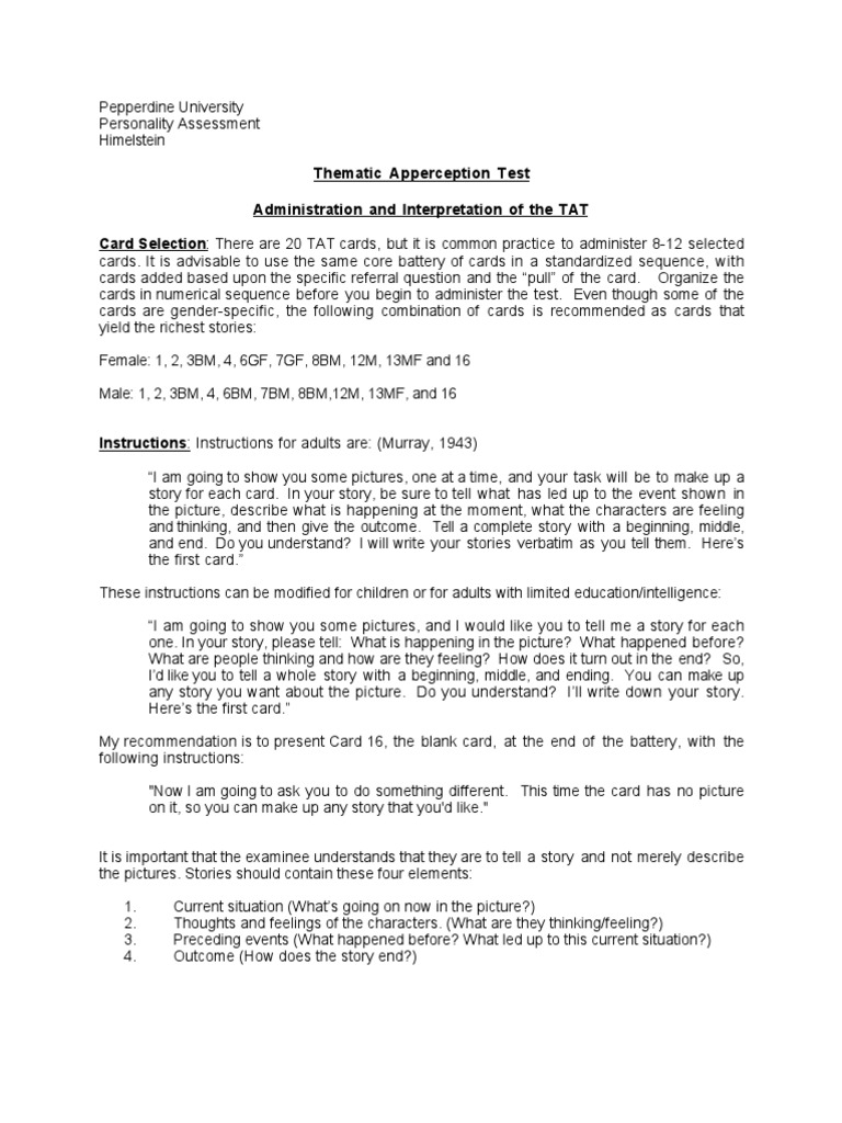 Thematic Apperception Test Administration and Interpretation of the TAT ...
