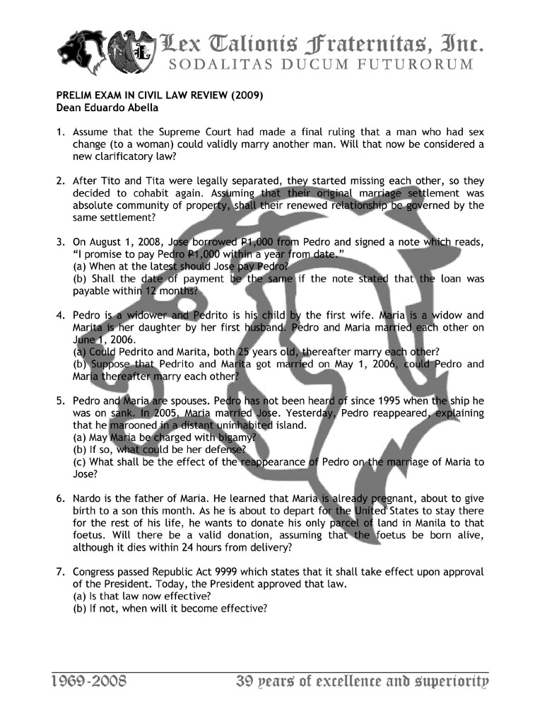 Civil Law Review Prelim Exams 2009 - Dean Eduardo Abella | PDF ...