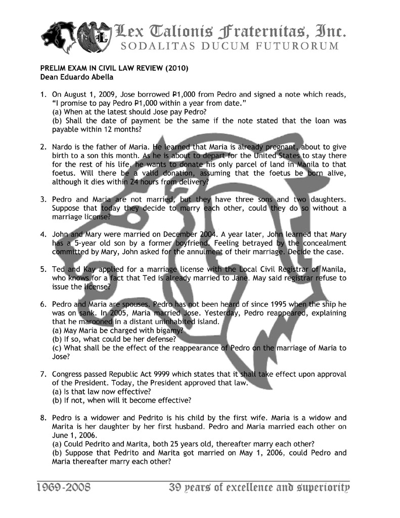 Civil Law Review Prelim Exams 2010 - Dean Eduardo Abella | PDF