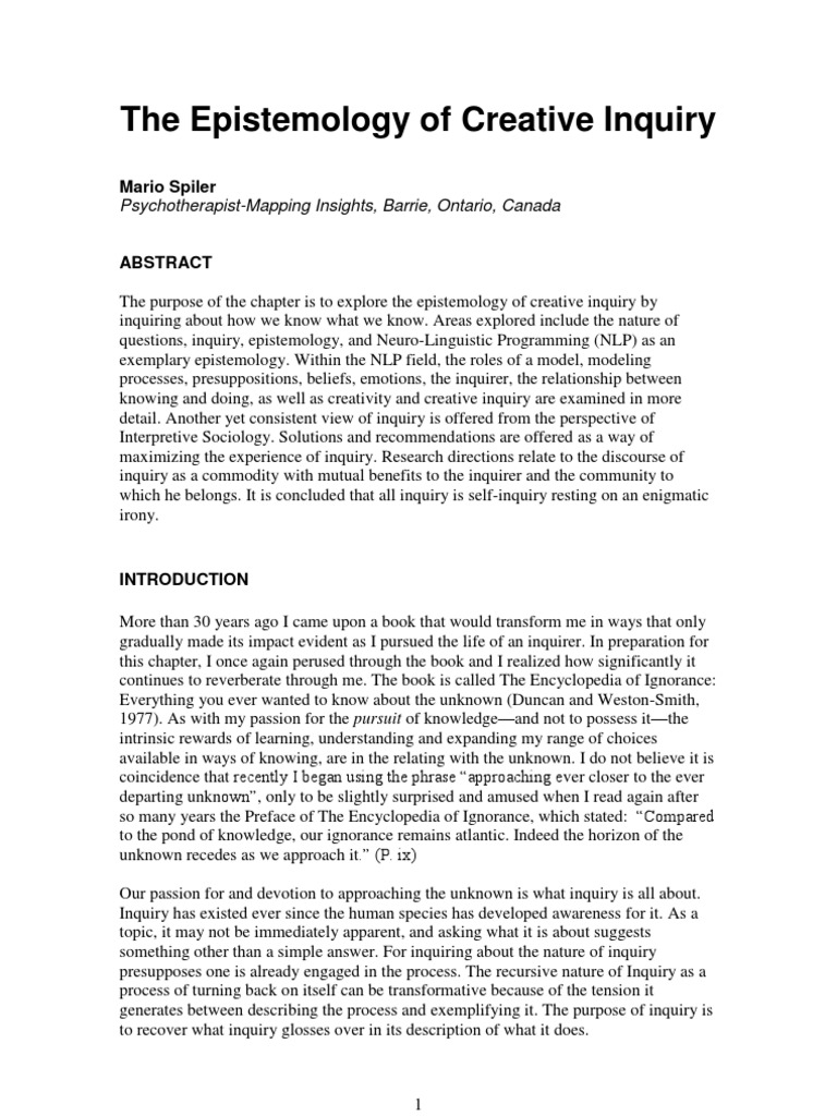 The Epistemology of Creative Inquiry: Mario Spiler | PDF | Neuro ...