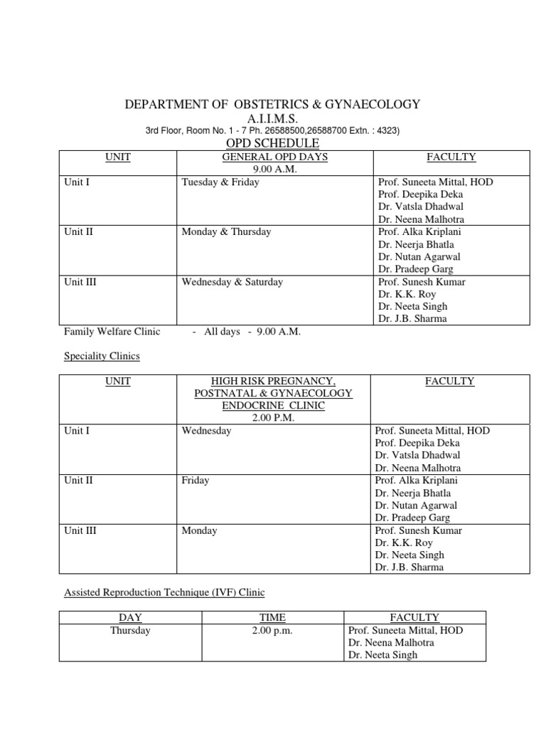 AIIMS Delhi Gynecology OPD Schedule | PDF