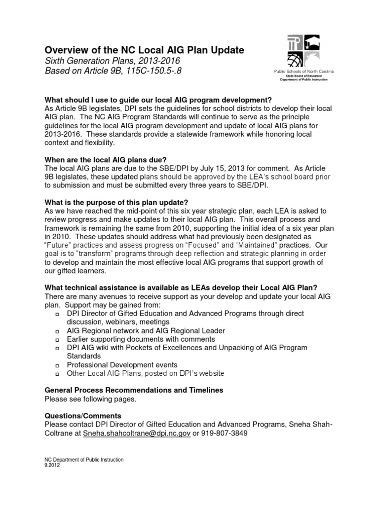 Overview of The NC Local AIG Plan Update: Sixth Generation Plans, 2013 ...