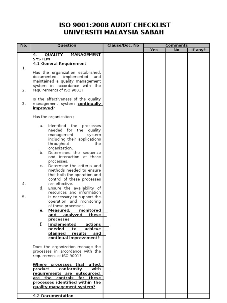 ISO 9001 2008 Audit Checklist | Quality Management System ...