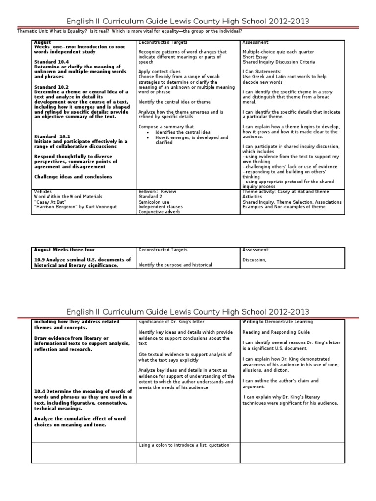 English II Curriculum Guide Lewis County High School 2012-2013 | PDF ...