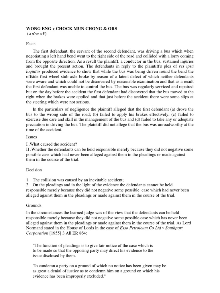 Wong Eng V Chock Mun Chong | PDF | Pleading | Negligence