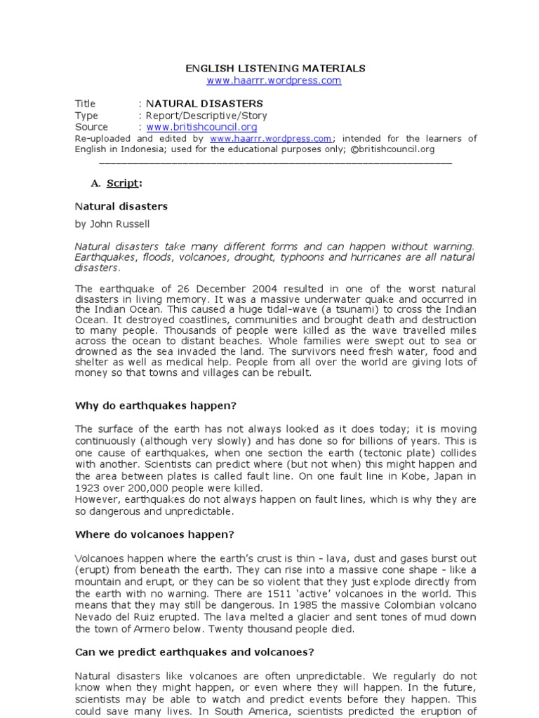 Audio Script and Sample of Exercise Natural Disasters | PDF | Natural ...