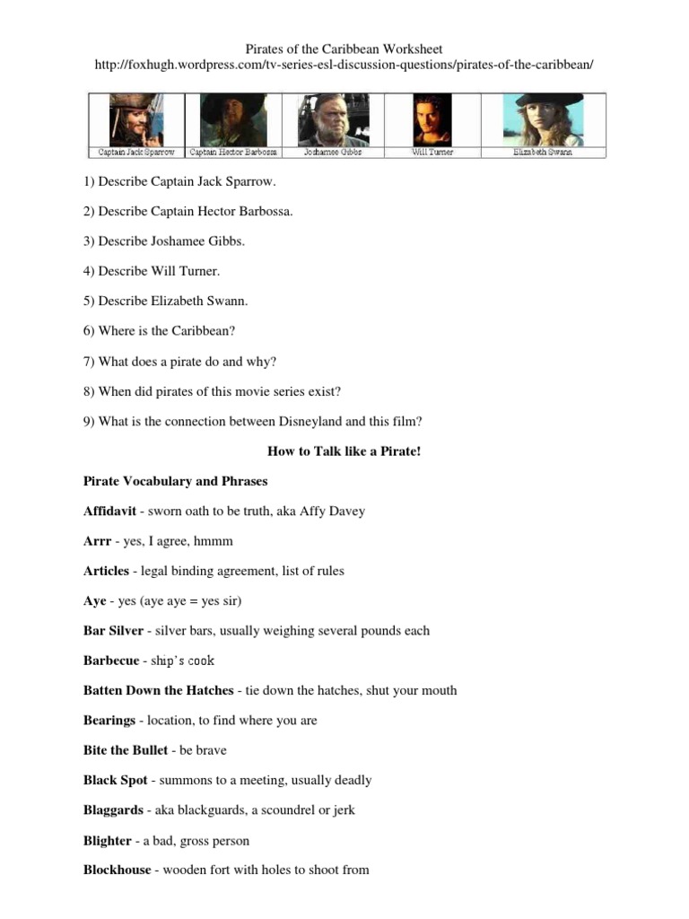 Pirates of The Caribbean Worksheet | PDF | Piracy | Sailor