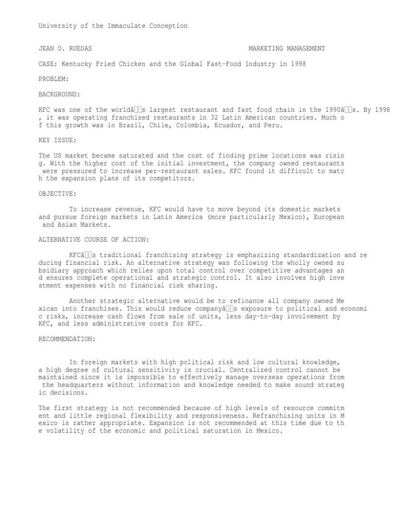 KFC | PDF | Franchising | Financial Risk