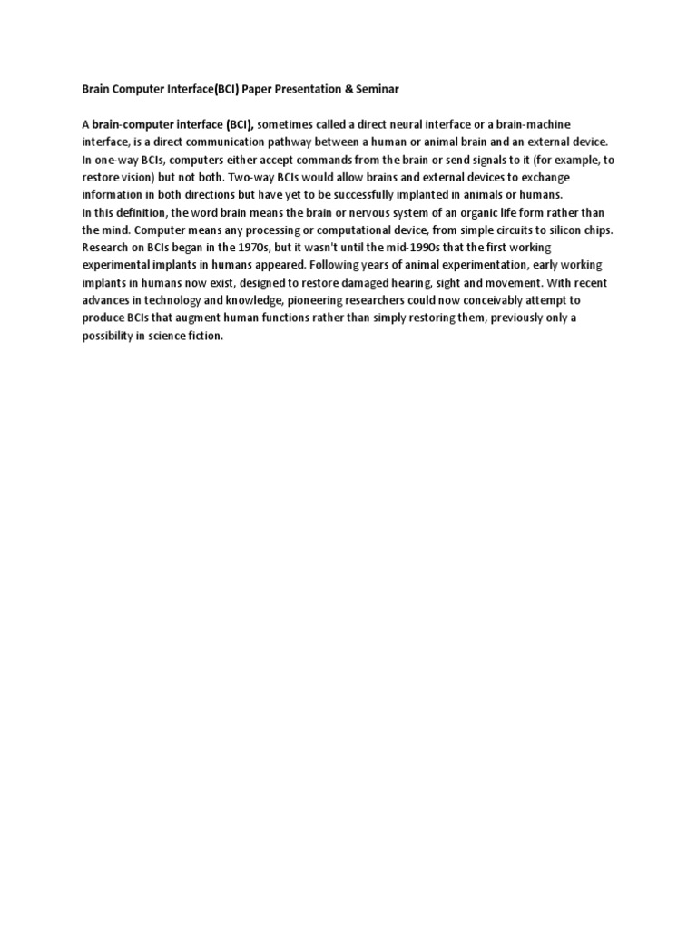 Brain Computer Interface (BCI) Paper Presentation & Seminar | PDF ...