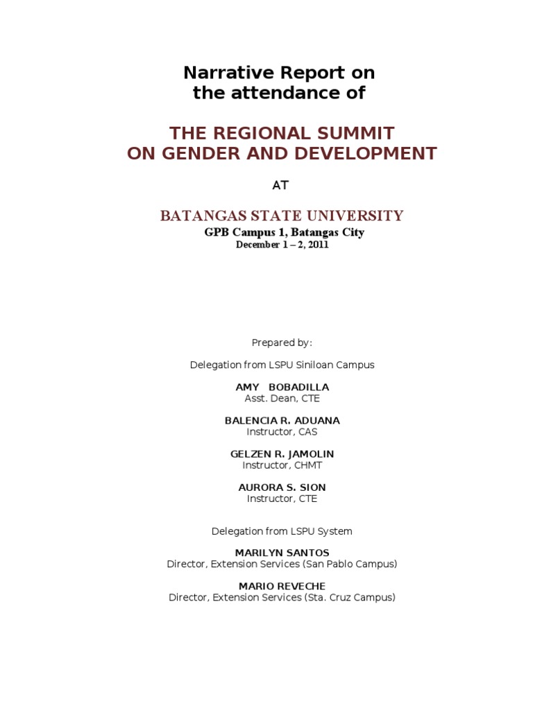 Narrative Report On The Attendance of The Regional Summit On Gender and ...