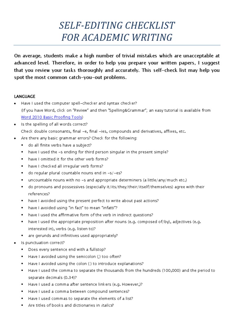 Self-Editing Checklist For Academic Writing | PDF | Paragraph | Verb
