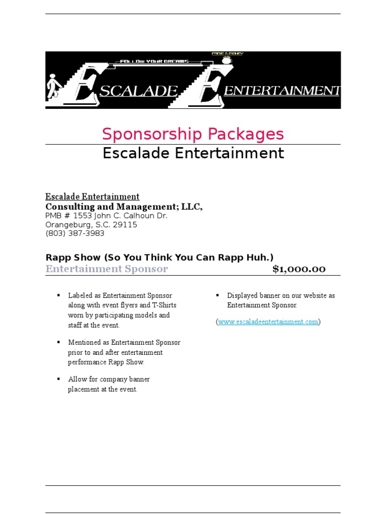 Escalade Entertainment Sponsorship Packages | PDF