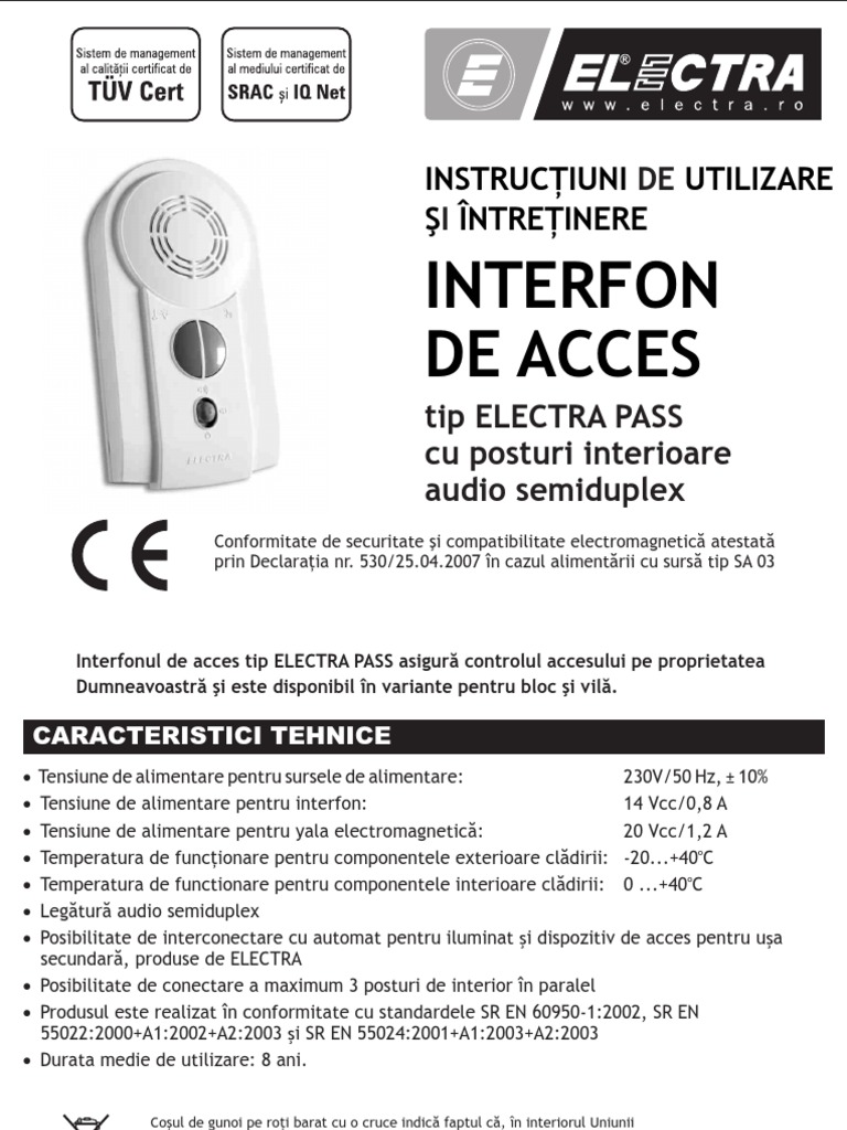 Electra Instructiuni Interfon ELECTRAPASS | PDF