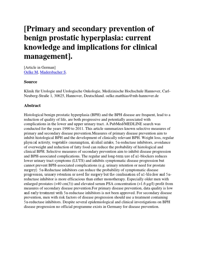 Primary and Secondary Prevention of Benign Prostatic Hyperplasia | PDF ...