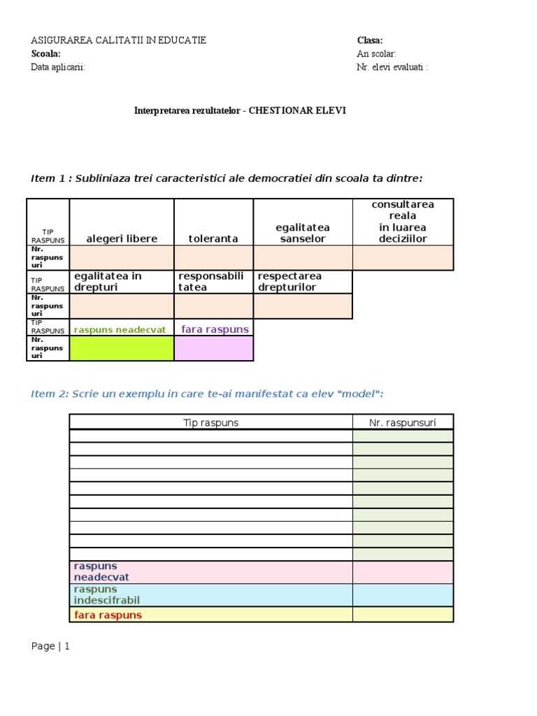 Model Interpretare Chestionar Elevi Asigurarea Calitatii in Educatie | PDF