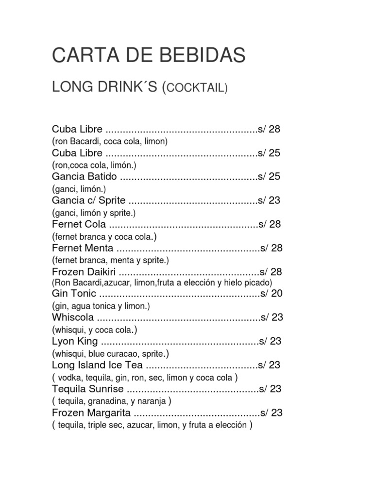 Carta de Bebidas y Cócteles | PDF | Bebida | Bebidas alcohólicas